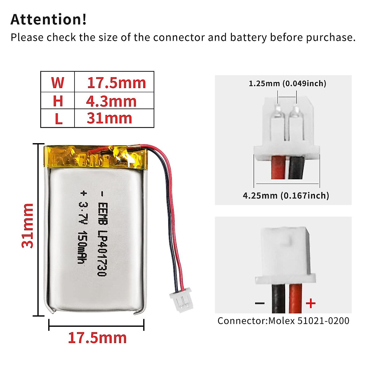 EEMB Lithium Polymer Battery 3.7V 150mAh 401730 Lipo Rechargeable Battery Pack with Wire Molex 1.25mm Connector for Speaker and Wireless Device- Confirm Device & Connector Polarity Before Purchase