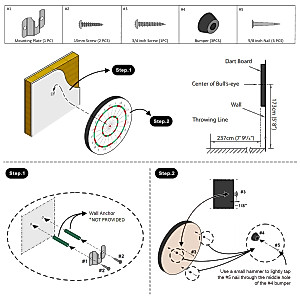 LinkVisions Sisal/Bristle Dartboard with Staple-Free Bullseye 17.8” x1.5 and 12 Steel Tip Darts 18g, Dartboard Mounting Kits Included