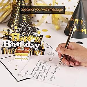 Birthday Card, Musical Birthday Cards with Light and Music, 3D Birthday Pop Up Card Birthday Gift, Blow Out LED Light and Play Happy Birthday Music Singing Card for Men or Women-Black Gold