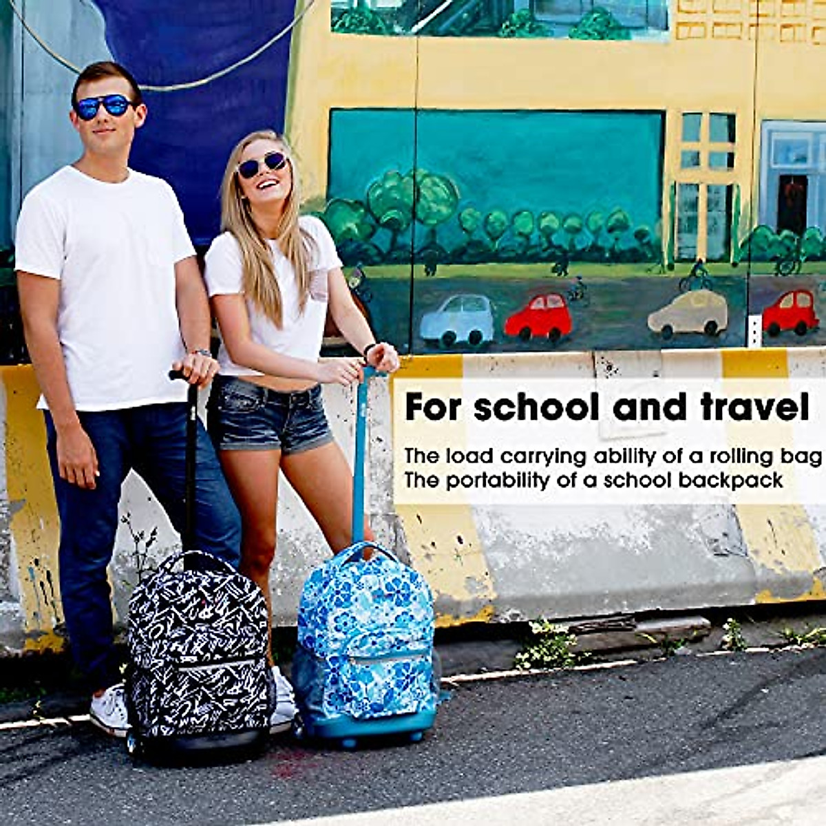 J World New York Sunrise Rolling Backpack. Roller Bag with Wheels, Panda, 18"