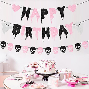 Black Glitter Halloween Birthday Banner Black and Pink Heart Skull Garland Halloween Happy Birthday Decorations for Halloween Birthday Party Decorations Theme Baby Shower Supplies