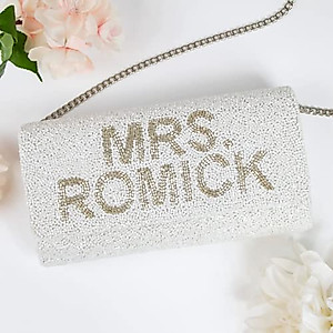 Personalized Custom Clutch Purse for Women, Beaded Clutch Crossbody Bag with Silver Chain Strap, Perfect for Wedding, Prom, Bridal Shower, Bachelorette Party, Engagement, & Honeymoon (Silver)