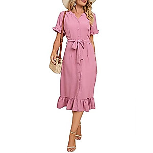 KOJOOIN Women's Button Down Midi Shirt Dress Summer Short Sleeve Tie Waist Split Business Casual Work Long Maxi Dress Dusty Pink XL