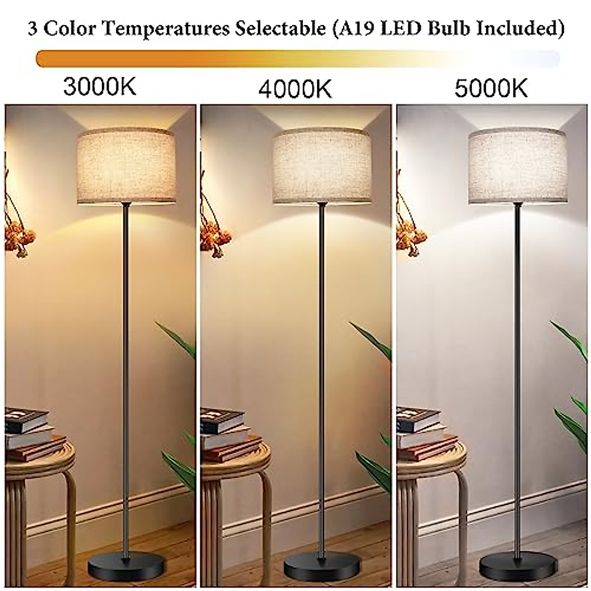 TOBUSA Floor Lamp for Living Room Bedroom with 3CCT LED Bulb, Modern Standing Lamp Drum Shade, 65’’ Tall Lamp with Foot Switch Black Pole, Dimmable Simple Design Stand Up Lamp for Home Office Reading