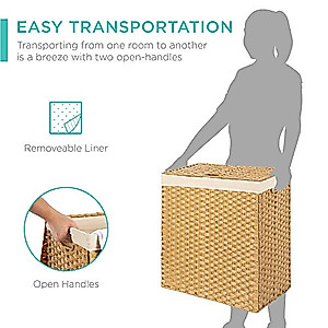 Best Choice Products Wicker Double Laundry Hamper, Rustic Divided Storage Basket w/Easy Assembly, Removable Washable Linen Liner Bag, Lid, Handles - Natural