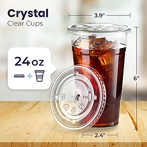 Fit Meal Prep 50 Pack 24 oz Clear Plastic Cups with Flat Lids, Disposable Iced Coffee Cups, BPA Free Premium Crystal Smoothie Cup for Party, Lemonade Stand, Cold Drinks, Juice, Milkshake