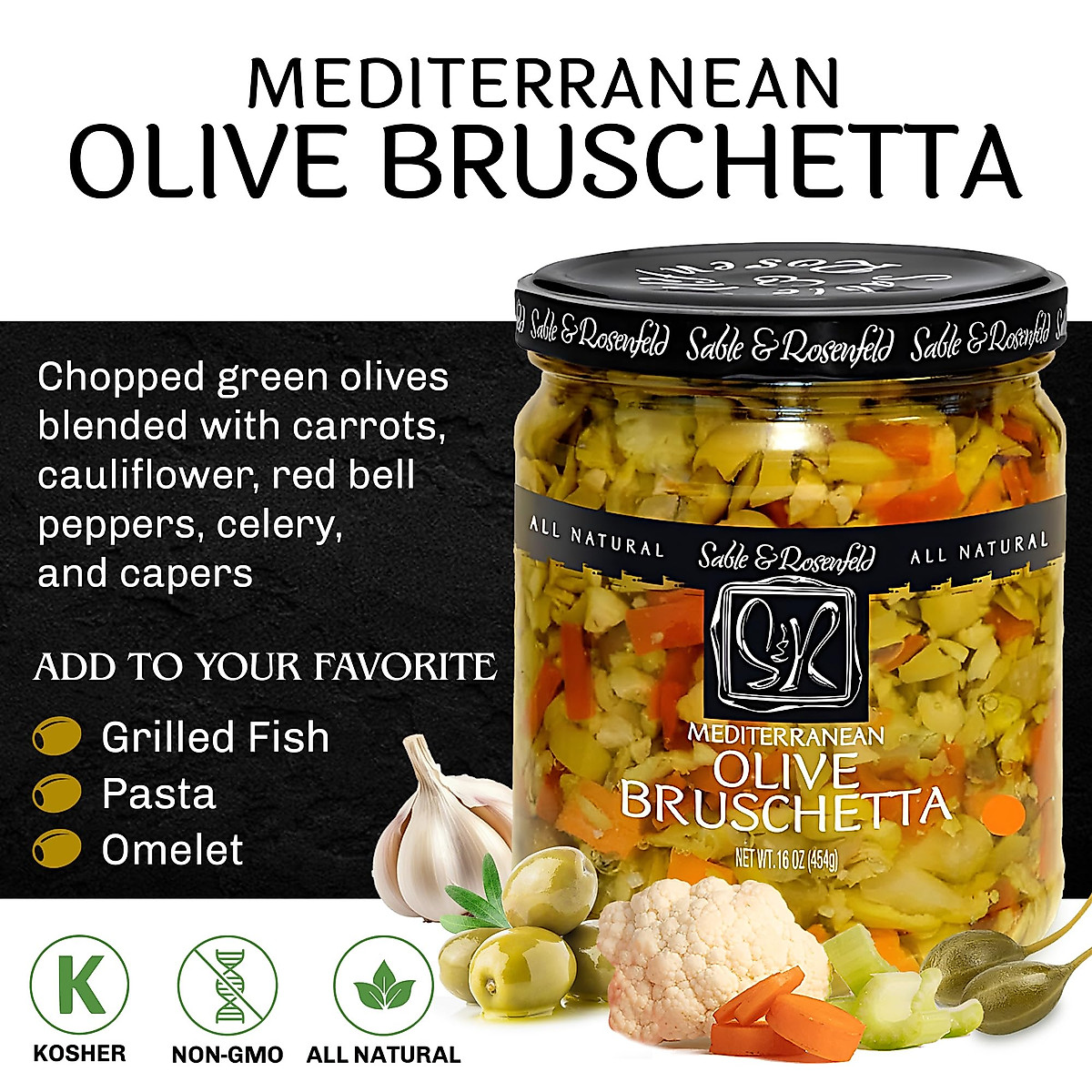 Mediterranean Olive Bruschetta - Gluten-Free Green Olive Sandwich Spread with Olive Oil for Muffuletta, Sandwiches, Dips, Crackers, Salads, & Appetizers, Kosher - Sable & Rosenfeld - 16 Oz (Pack 1)