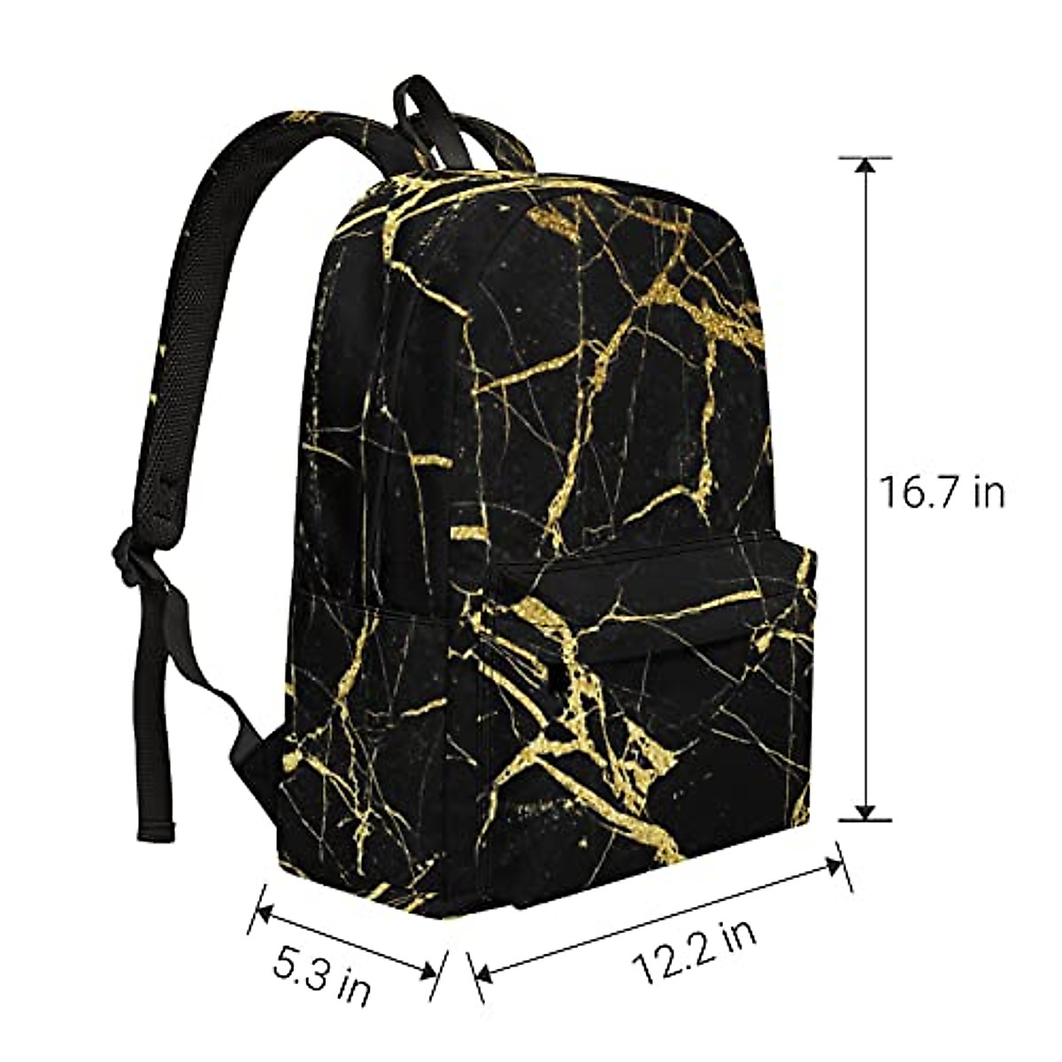 QSMX Chic Black And Gold Marble Texture Lightweight Backpack for School, Fashion Basic Water Resistant Casual Daypack for Travel Hiking Work with Bottle Side Pockets