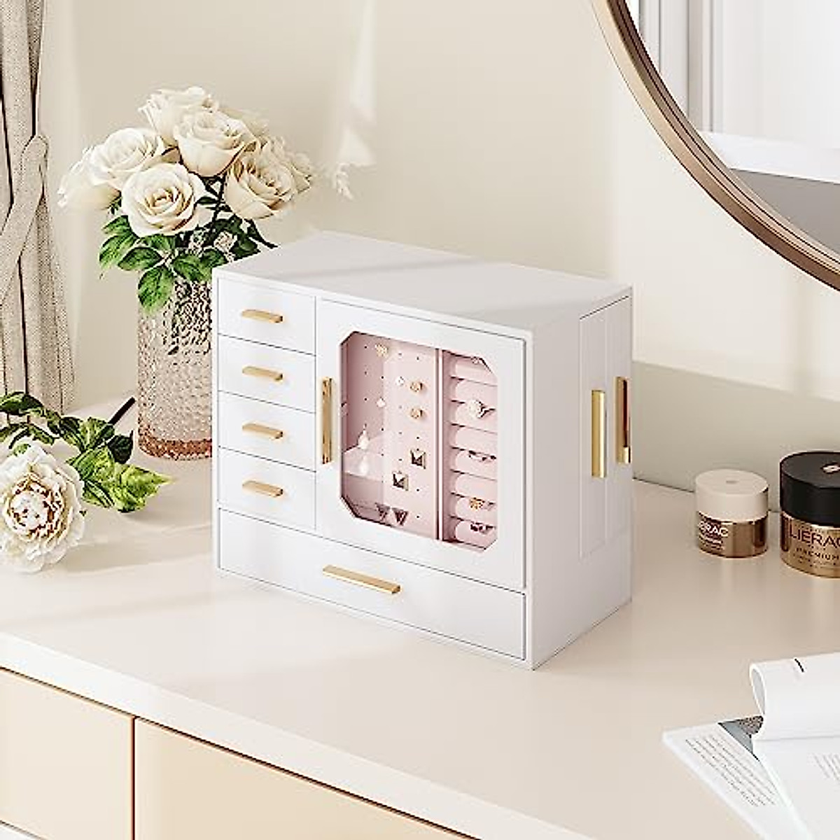 HOOBRO Jewelry Box with Glass Window, Large Capacity Jewelry Organizer, Jewelry Storage, Portable Jewelry Organizer Box, Modern Style, White and Light Gold WT05JB04