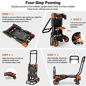 330LB Folding Hand Truck Heavy Duty Carrying, Combination of Four Wheels and Two Wheels Convertible Dolly Cart with Retractable Handle Dolly for Moving Office Carts(Orange)