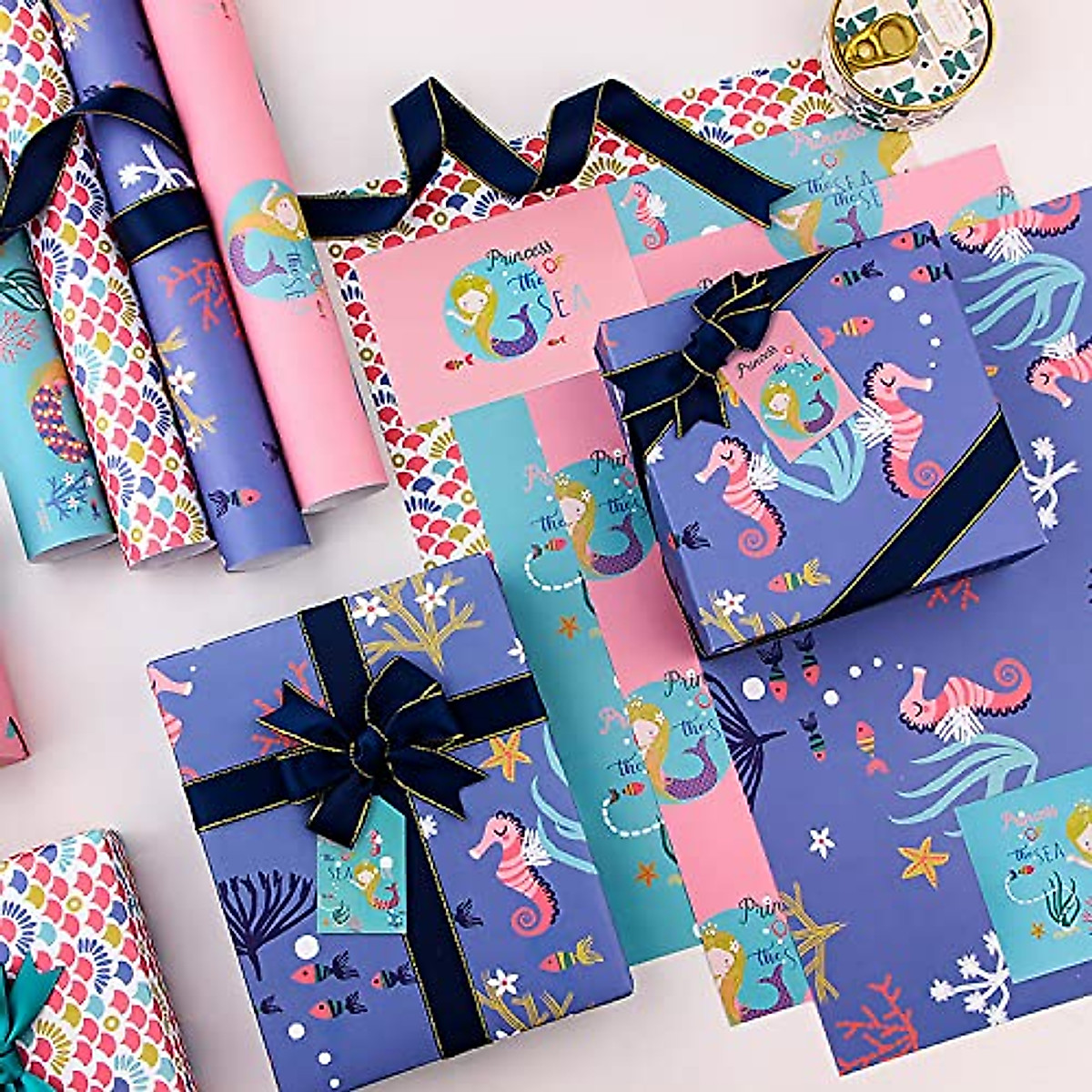 MAMUNU Gift Wrapping Paper Set Girls, 8 Sheets Mermaid Wrapping Paper with Stickers, Colorful Pink Kraft Wrapping Paper for Girls Women Kids Birthday Baby Shower Holiday Party, 20x27 Inch Per Sheet