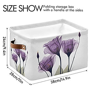 Tulip Square Storage Basket Purple Flower Storage Bins Canvas Storage Organizer Closet Shelf Organizer for Home Office, 1 Pc