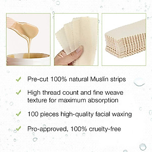 Clean + Easy Small Facial Muslin Wax Strips for Hair Removal, Pre-Cut Durable Muslin Epilating Strips to Remove Unsightly Hairs from the Face - 1 3/4" X 4 1/2", 100 count