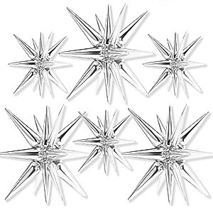 PartyWoo Star Balloons 6 pcs, One-Piece 14-pointed Star Explosion Balloons with Ribbon, Silver Fireworks Shape Foil Balloons, Large Mylar Balloons for Baby Shower Boy, Birthday, Wedding (27 & 22 inch)