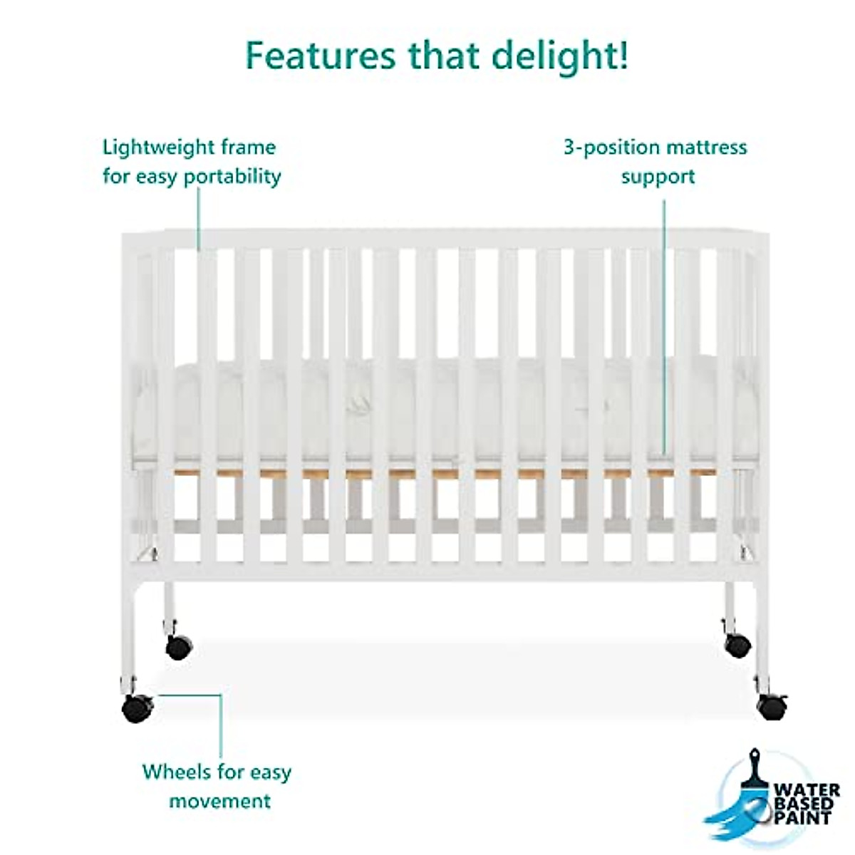 Dream On Me Quinn Full-Size Folding Crib In White, Removeable Wheels, Modern Nursey, Adjustable Mattress Support, Portable Crib, Patented Folding System