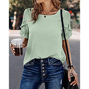 PRETTYGARDEN Women's Shirts Summer Casual Crewneck Lace Crochet Short Sleeve Blouses Cute Floral Print Loose Tunic Tops(Solid Light Green,Large)
