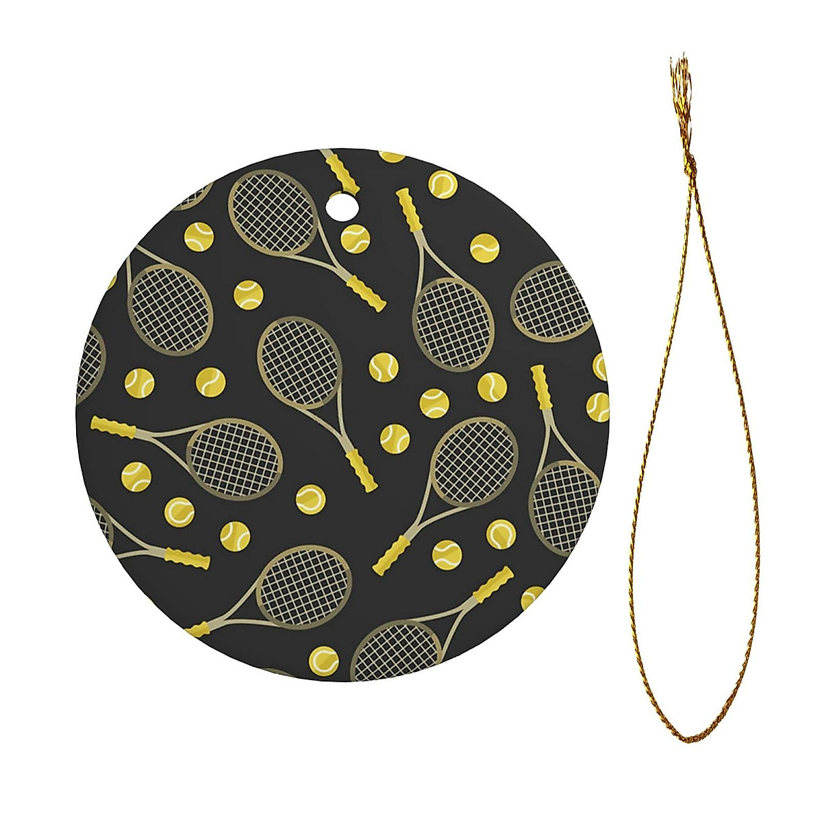 Funny Tennis Racquets and Tennis Balls Print Christmas Tree Ceramic Hanging Round Shaped Xmas Tree Pendants Gatherings Party Deco