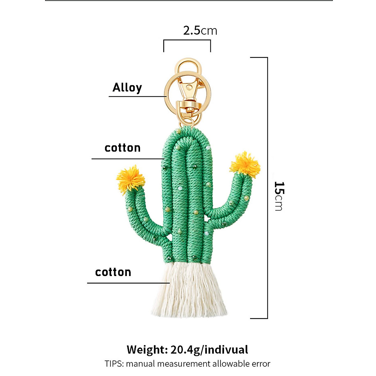ZOONAI Women Girls Weaving Cactus Tassel Keychain Bag Keyring Holder Wallet Purse Pendant Decorations (A-Light Green)