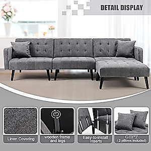 Oyerol Mid-Century Sectional Sofa Bed Convertible Sofa Bed Sleeper, L-Shaped Reversible Sectional Sofa Upholstered Comfy Couches for Living Room Lounge, Split-Back, Removable Armrests-Dark Grey