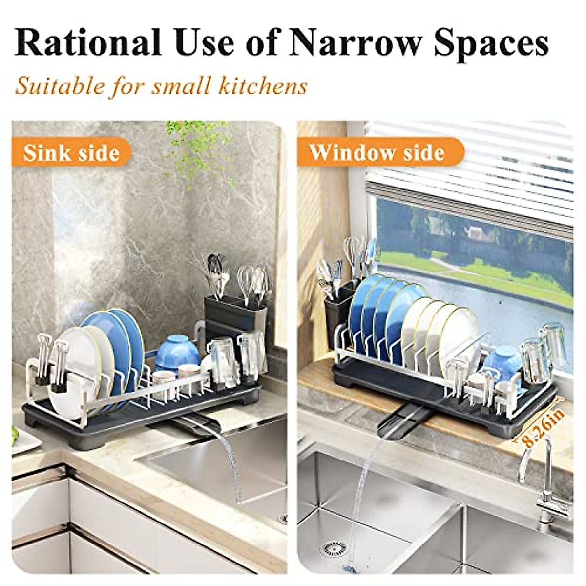 Small Dish Drying Rack, Aluminum Dish Rack with Utensil Holder, Anti-rust Dish Racks for Kitchen Counter Multifunctional Dish Drainer with Drainboard, Drying Rack for Dishes, Knives, Spoons, and Forks