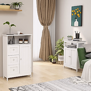 OQSC 39.4 Tall White Bathroom Floor Cabinet Freestanding Storage Cabinet Side Storage Organizer with 3 Drawers&1 Cupboard&1 Shelf for Bathroom Living Room Entryway
