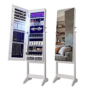 Gurexl 2-in-1 Jewelry Armoire with 8 LEDs,Door/Wall Mounted/Free Standing Jewelry Cabinet with Adjustable Acrylic Storage Shelf,Lockable Jewelry Organizer with Full Length Mirror for Bedroom