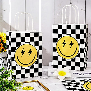 AnyDesign 16Pcs One Happy Dude Party Favor Bags Smile Face Paper Gift Bags with Handles Bulk Checkered Grocery Treat Bags Candy Goodies Bags for Baby Shower First Birthday Party Decor Supplies