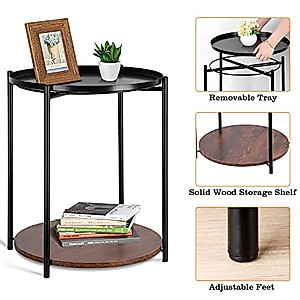 RUNTOP Round Side Table, Metal End Table with Removable Top Tray, Small Bedside Table Nightstand, 2 Tier Storage Shelf Wooden Side End Table for Living Room, Bedroom, Nursery, Sofa