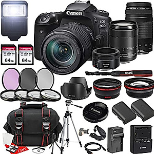 Canon EOS 90D DSLR Camera w/EF-S 18-135mm f/3.5-5.6 is USM Lens + 75-300mm F/4-5.6 III Lens + EF 50mm f/1.8 STM Lens + 2X 64GB Memory + Hood + Case + Filters + Tripod + More (35pc Bundle)
