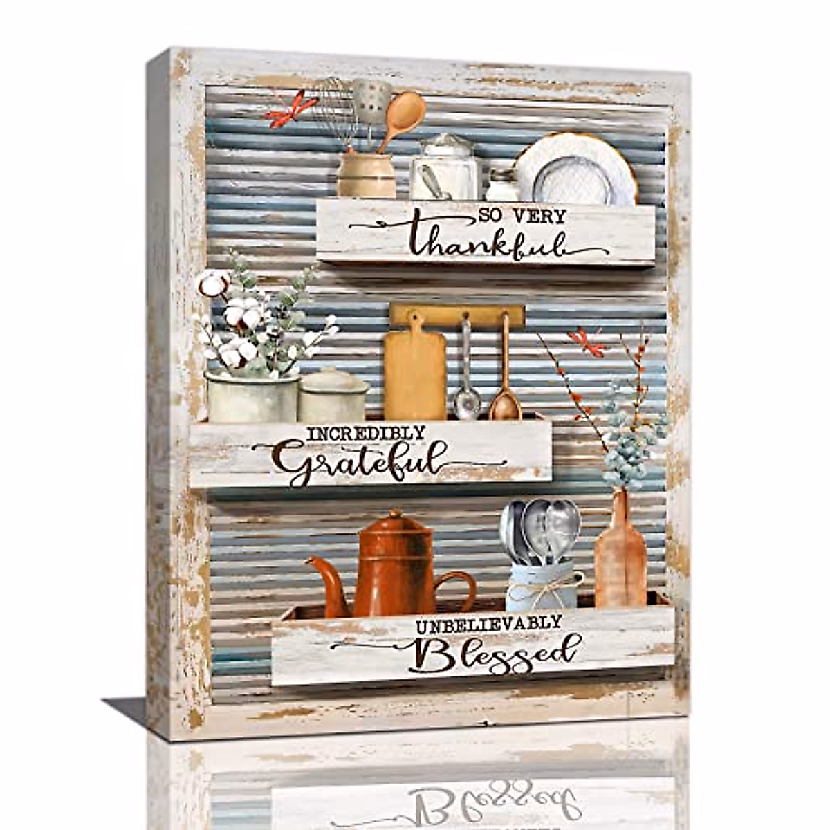 Country Kitchen Wall Art Farmhouse Dishes Kettle Canvas Prints Painting Rustic Blessed Kitchen Pictures Framed Artwork Home Decor for Canteen Restaurant Dining Living Room 12"x16"