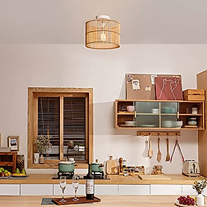 Globe Electric 65901 1-Light Flush Mount Ceiling Light, Matte White, Natural Bamboo Shade, Bulb Not Included