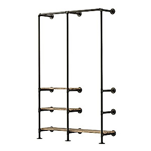 HEONITURE Industrial Pipe Clothing Rack with Shelves, Wall Mounted Garment Rack, Heavy Duty Choset Clothes Rack for Indoor Bedroom and as walk-in Closet System(Black)