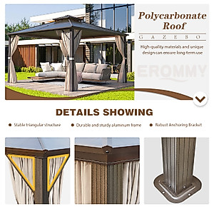 EROMMY 12'x12' Gazebo Polycarbonate Double Roof Pavilion Gazebo Outdoor Aluminum Frame Canopy with Netting and Curtains for Garden Patio Lawns Parties
