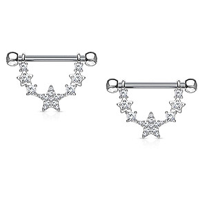 Forbidden Body Jewelry Pair of Surgical Steel 9/16 Inch D-Ring Style Pave CZ Star Chain Dangle Nipple Barbells, Silver Tone