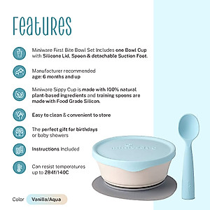 Miniware First Bites Set with Cereal Bowl, Detachable Suction Foot, and Training Spoon for Baby Toddler Kids - Promotes Self Feeding | Eco-Friendly and BPA Free | Dishwasher Safe (Vanilla & Aqua)
