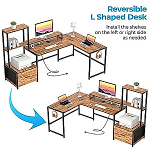 GreenForest L Shaped Desk with Drawers and Printer Stand,Power Outlets, 70 in Reversible Computer Desk with Monitor Stand and 2-Tier Shelves,Hook for Home Office Writing Study Work Table,Walnut