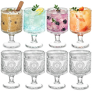 Set of 8 Romantic Vintage Goblet glassware, Charming Embossed Floral Cocktail Glasses Set, Mixed Drink Glasses, for Bars, Restaurants, Party, and Elegant Dinners, 8 oz Wine Glasses