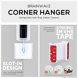 Corner Wall Mount for Ring Indoor (2 Pack) Security Camera - Adhesive Holder, No Hassle Bracket, Strong 3M VHB Tape, No Screws, No Mess Install (White) by Brainwavz