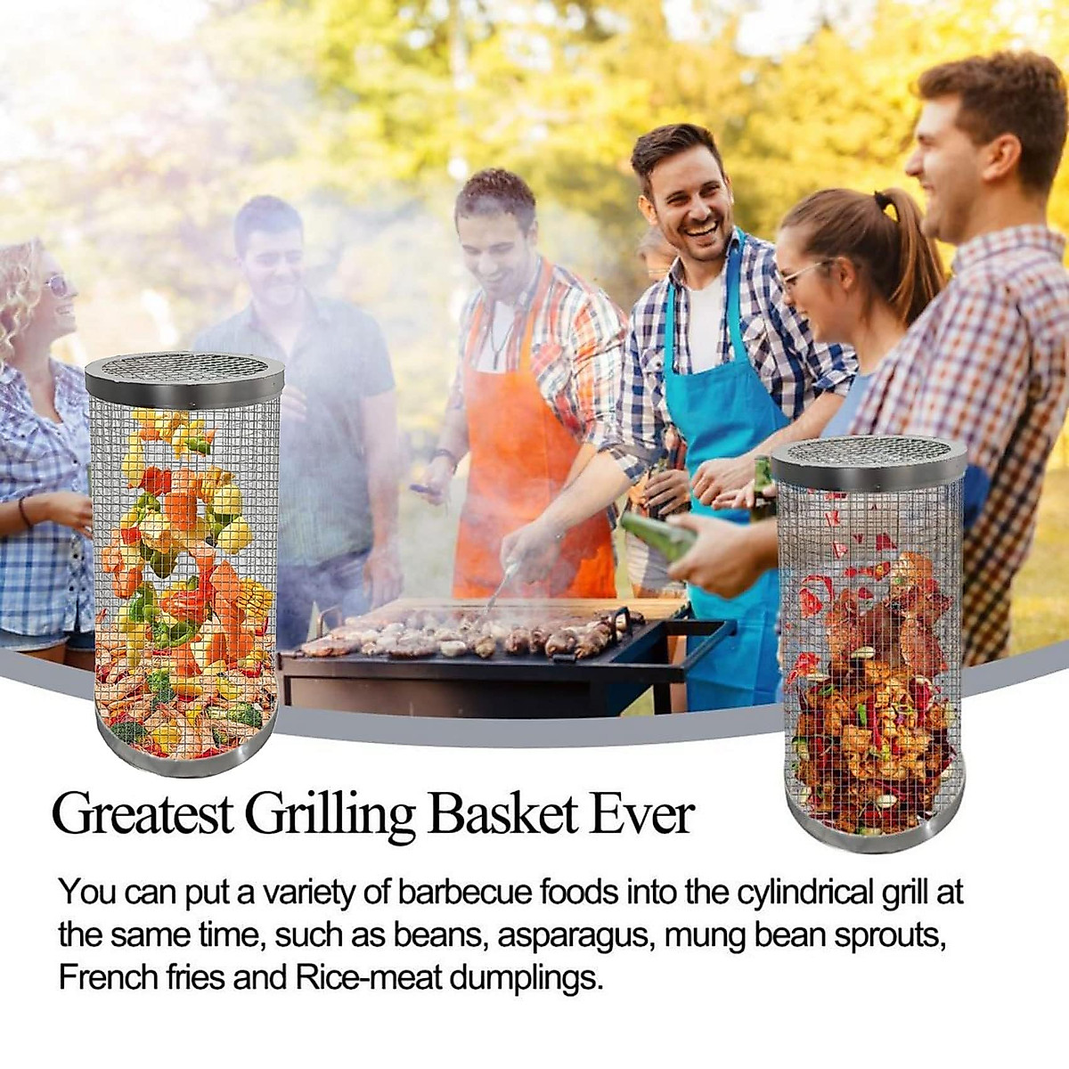 Rolling Grilling Baskets for Outdoor Grilling,BBQ Rolling Grill Basket,Grilling Basket,Rolling Grill Baskets for Outdoor Grill Vegetables,French Fries,Seafood,Meat (11.8X 3.74 inch) (Size : 2PCS 7.87