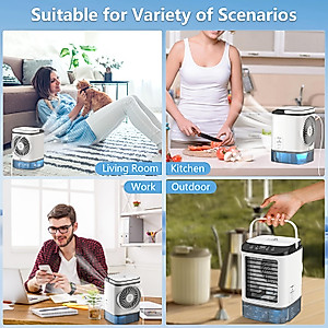 Mini Air Cooler Fan, Personal Evaporative Air Cooler with 900ml Water Tank with Ice Box, 4 in 1 Humidifier Fan, 2 Cool Mist, 7 Colors LED lights, 3 Wind Speed,10W for Home Work Camping