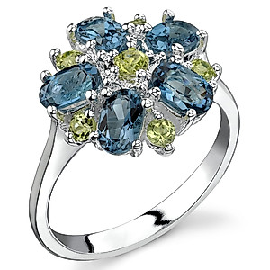 PEORA London Blue Topaz and Peridot Flower Ring for Women 925 Sterling Silver, Natural Gemstones, 3.25 Carats total, Size 9