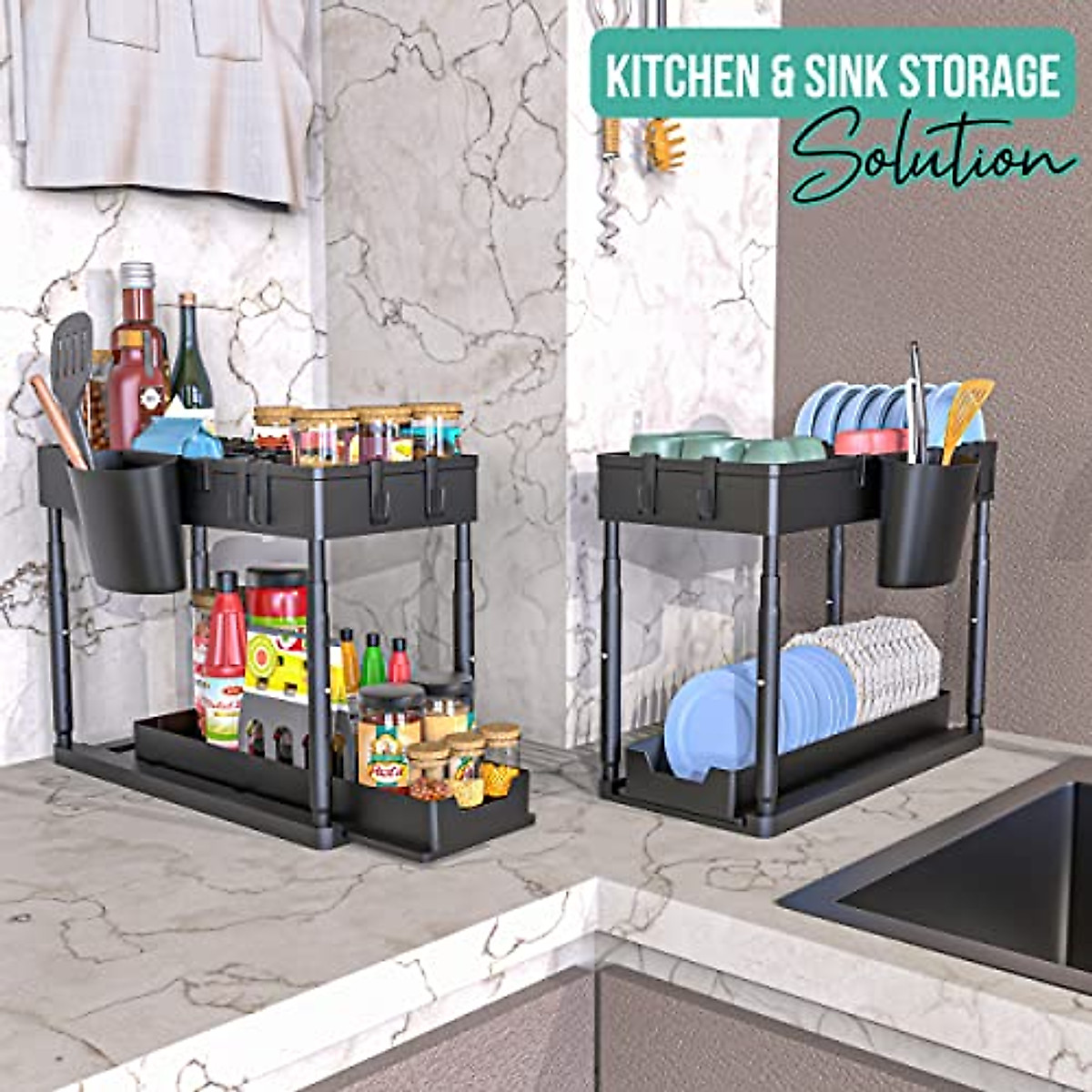STORVAGE Height Adjustable Under Sink Organizer Kitchen 2 Tier Under Sink Organizers and Storage Bathroom, Sliding Basket Bathroom Cabinet Organizer with Hooks, Hanging Cup & Dividers (Black, 1)
