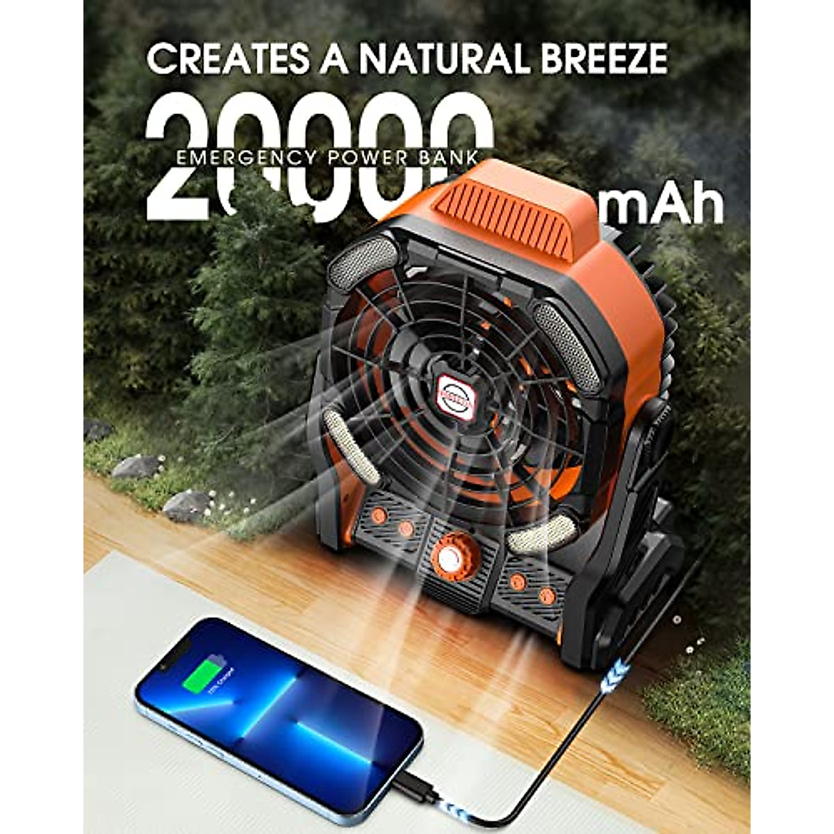 DOWILLDO 20000mAh Battery Operated Portable Fan - Rechargeable Outdoor Camping Fan with LED Lantern, Personal Cooling Fan for Bedroom with Cold Air, Table Fan for Travel, Hiking, Fishing, Picnic