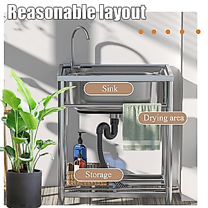 SEYFI Kitchen Sinks U-Tility Sink,Free Standing, Stainless Steel Sink Free Standing Kitchen Sink,Commercial Sink, Freestanding Countertop for Laundry/Single Cold/Single Cold