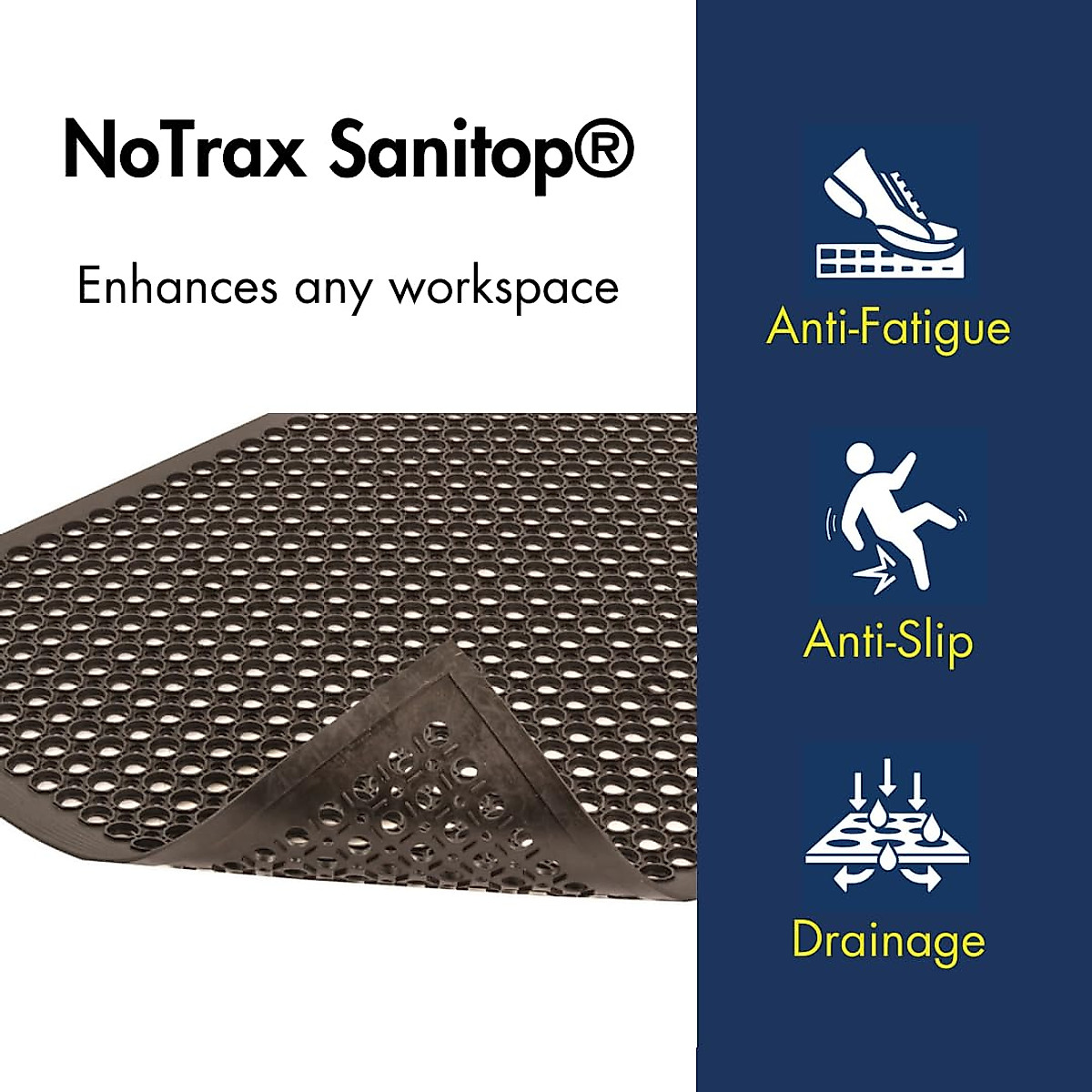 NoTrax Sanitop® 3' x 10' Lightweight Restaurant Rubber Floor Mat with Drainage Holes and Beveled Edges, Anti-Slip Mats, Black, 562S0310BL