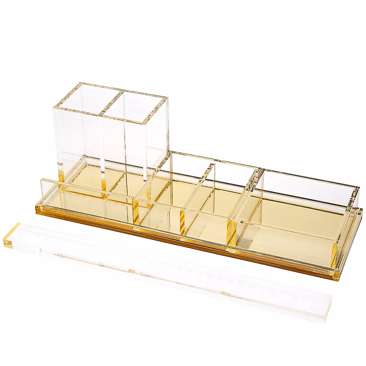 EXPUTRAN Acrylic Desk Organizer 4-Piece Desk Kit + Free Complimentary Acrylic Ruler, Desktop Organization for Office or Home (Gold)