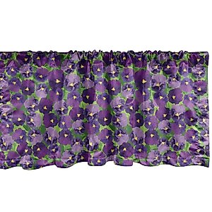 Ambesonne Botanical Window Valance, Green Field Full of Burgeoning Pansy Inflorescence Garden Flourish Bedding Plants, Curtain Valance for Kitchen Bedroom Decor with Rod Pocket, 54" X 12", Purple