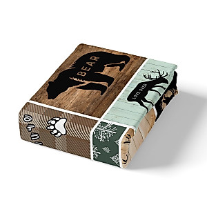 Retro Cabin Comforter Cover, Pine Tree Buffalo Plaid Duvet Cover Bear Deer Elk Bedding Set, Forest Wildlife Woodland Animals Quilt Cover Hunting Lodge Country Rustic Farmhouse Bedroom Decor, Twin