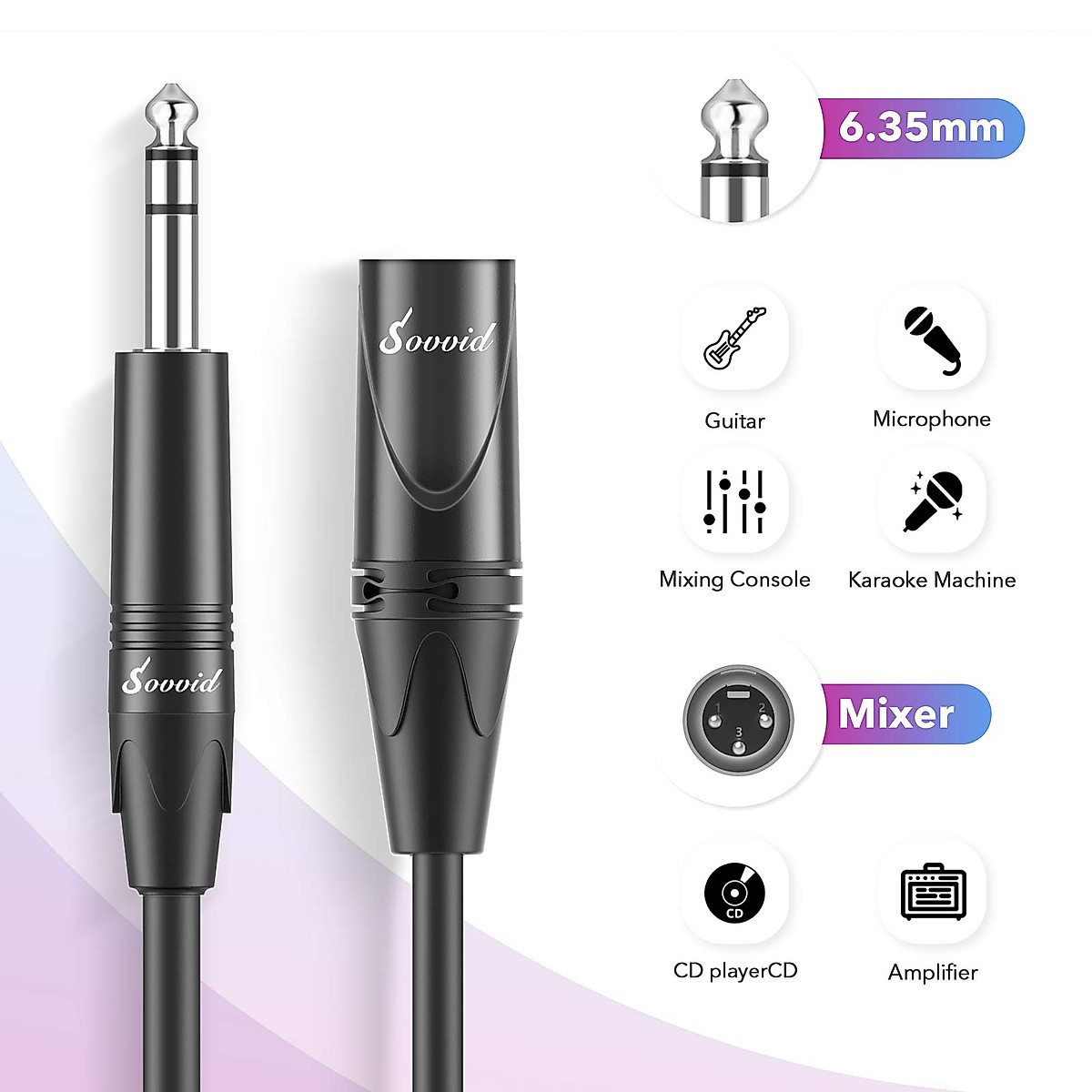 Sovvid Male XLR to 1/4 (6.35mm) TRS Jack Balanced Microphone Cable 6FT, TRS to XLR Male Cable Mic Cord for Dynamic Microphone