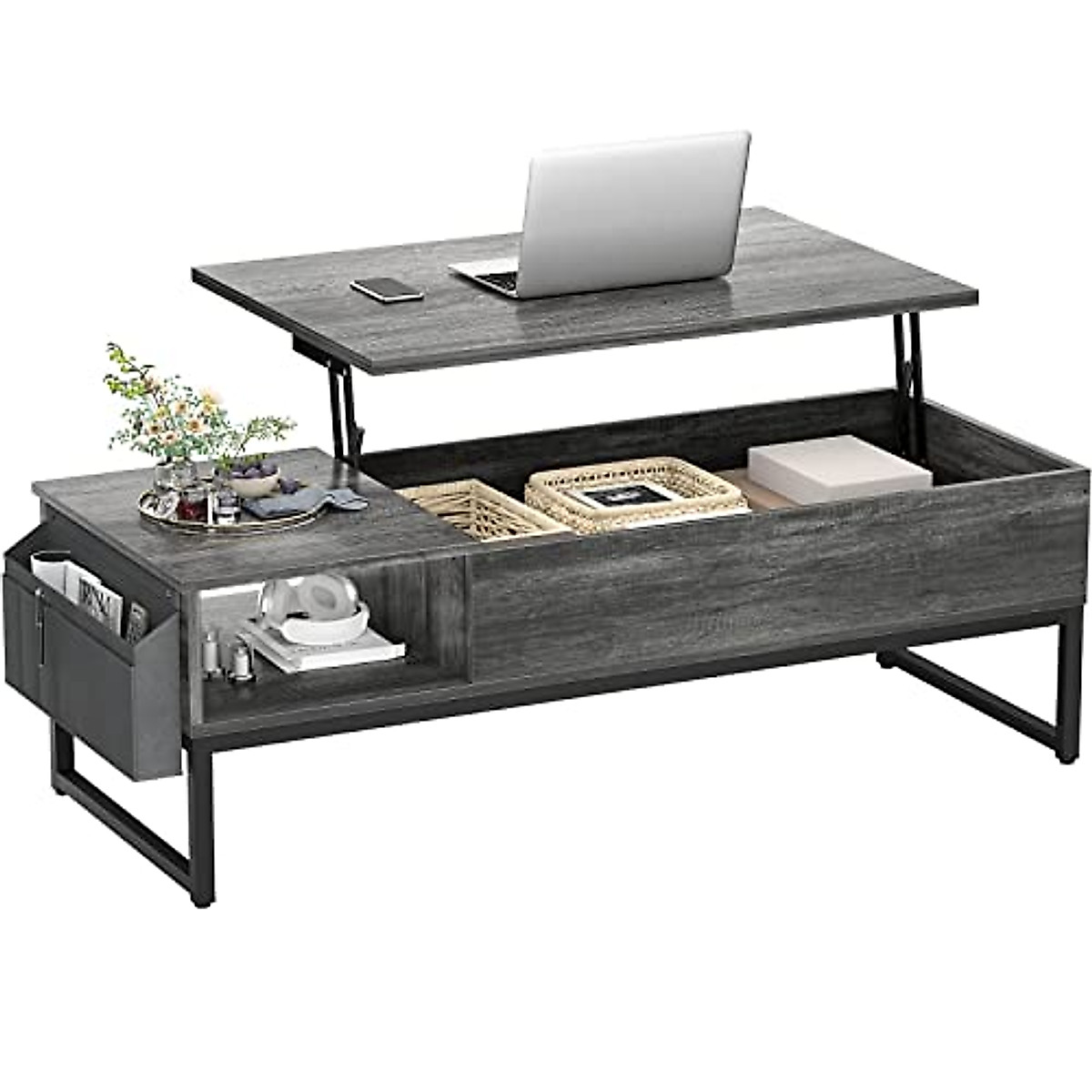 Aheaplus Lift Top Coffee Table with Storage, Wood Lifting Top Central Table Metal Frame, 43.3" Lift Tabletop Tea Table with Side Pouch, Cocktail Table Modern Pop up Adjustable Table for Living Room